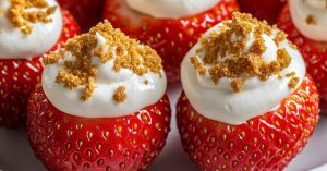 Easy Deviled Strawberries with Cheesecake Filling - Baked In Bliss